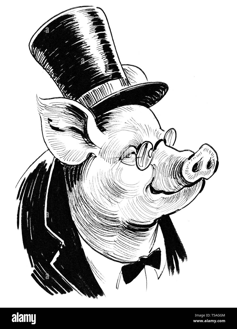 Very Important Pig in cylinder hat. Ink black and white drawing Stock ...