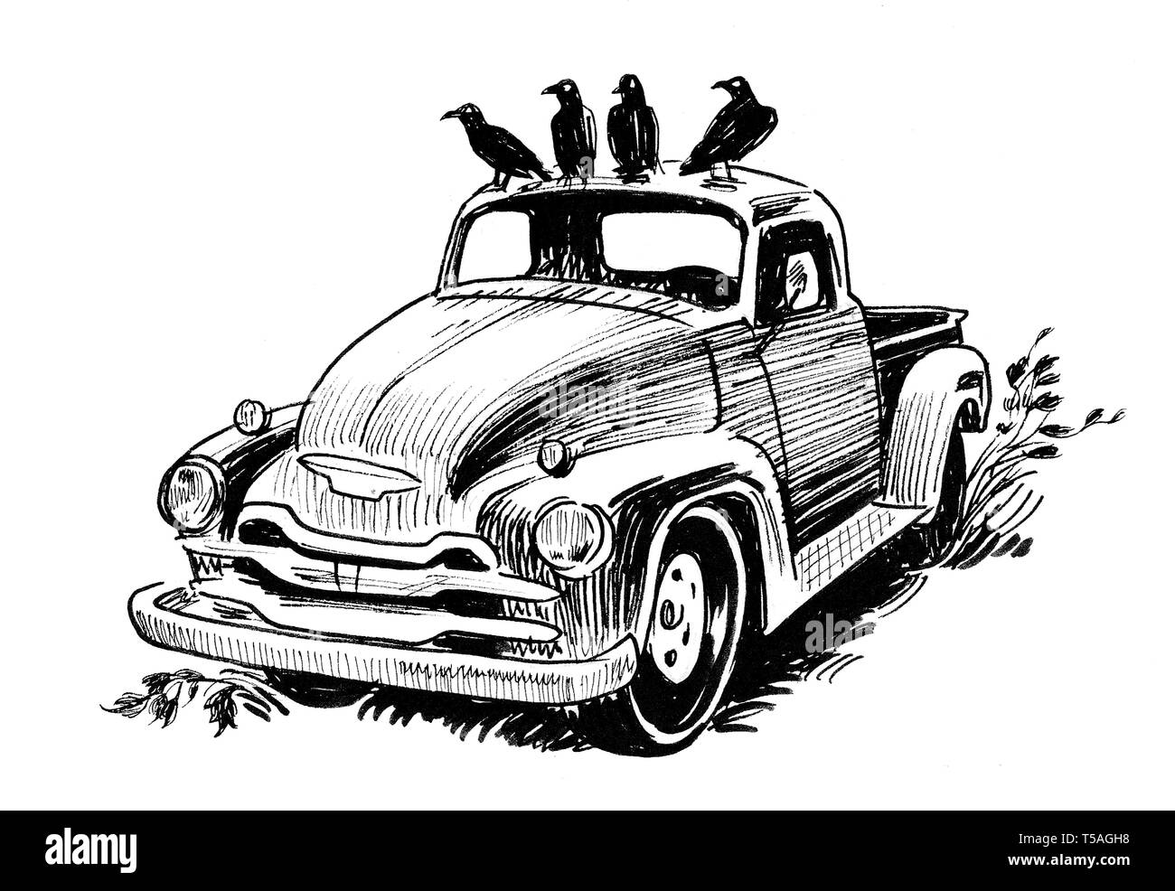 Old American truck and four raven birds sitting on the roof. Ink black ...