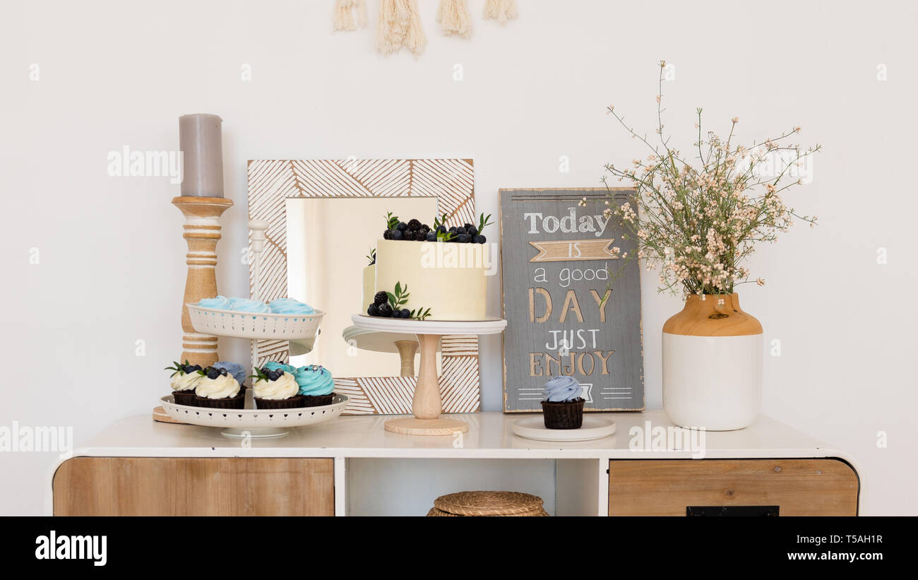 Candy bar. Table with sweets, candies, dessert. Boho style. Birthday ...