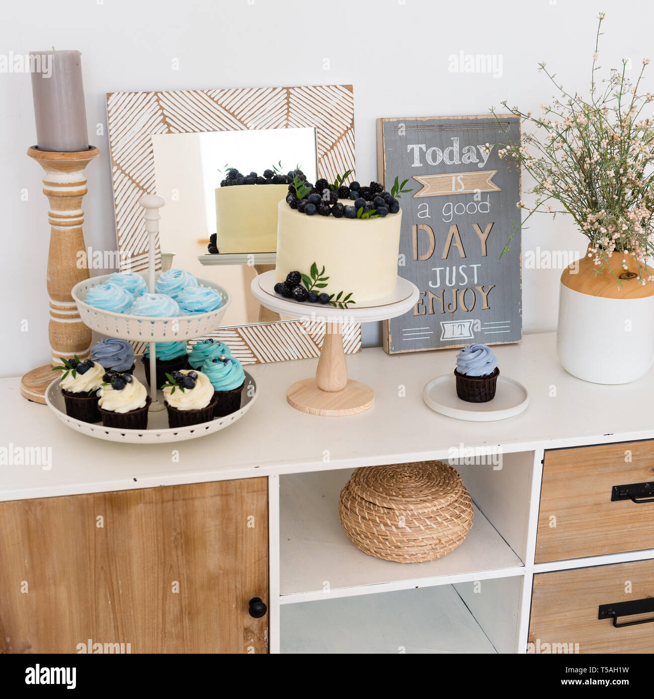 Candy bar. Table with sweets, candies, dessert. Boho style. Birthday ...