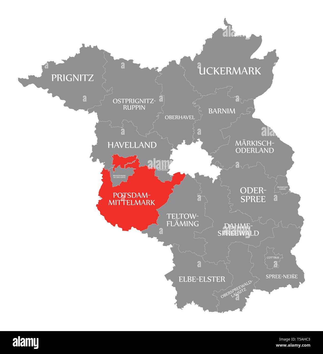 Potsdam-Mittelmark county red highlighted in map of Brandenburg Germany ...
