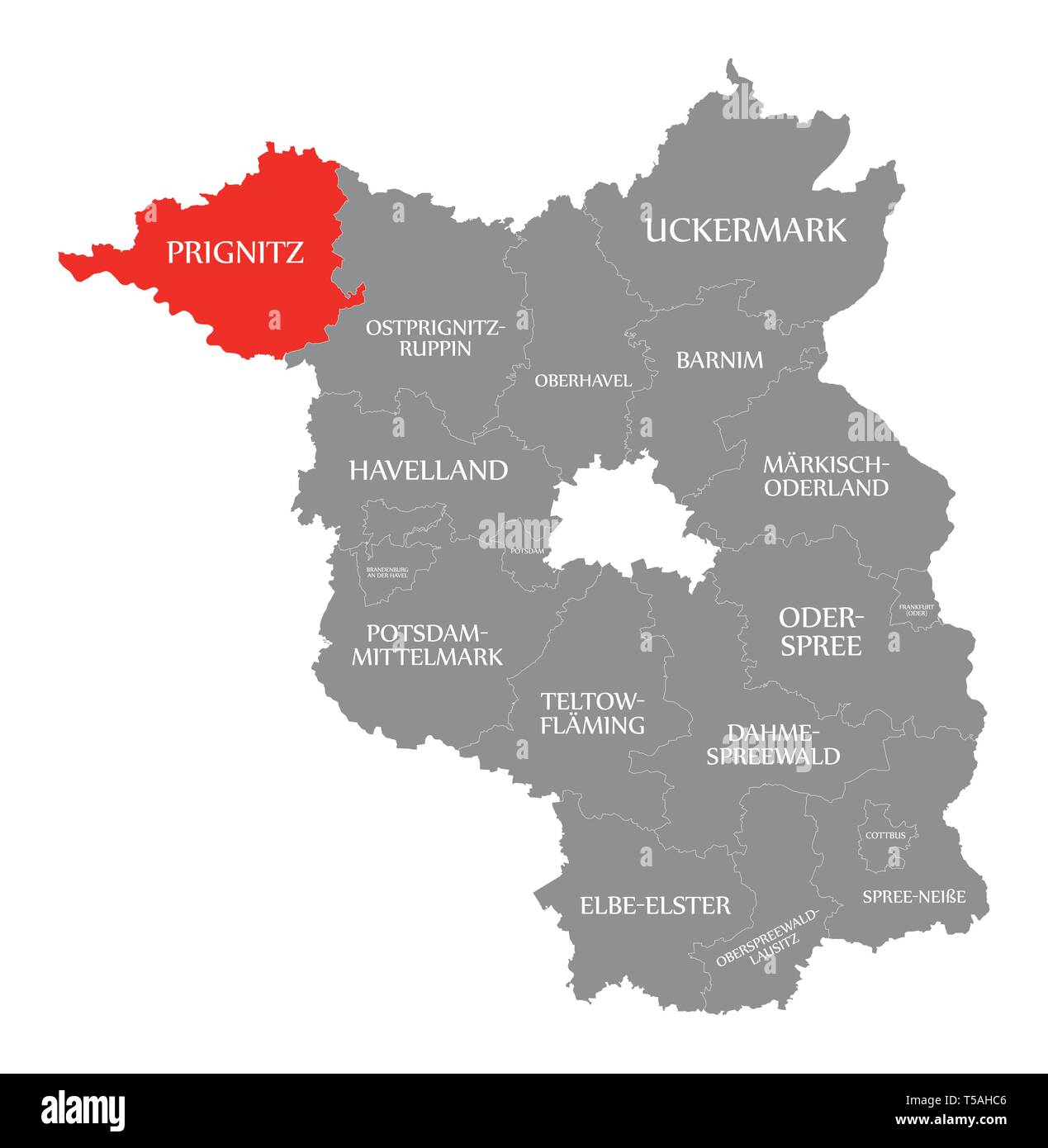 Prignitz county red highlighted in map of Brandenburg Germany Stock ...