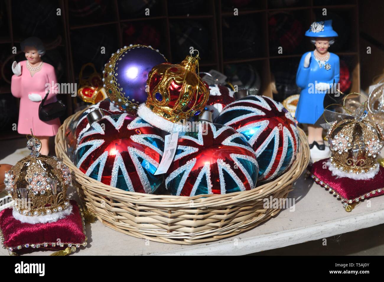 Various British trinkets including British flag and the Queen on ...