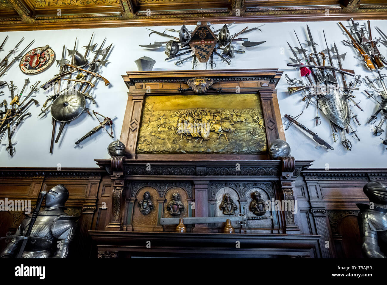 Mediaeval weapons on the wall of Grand Armory Hall in Peles Palace ...