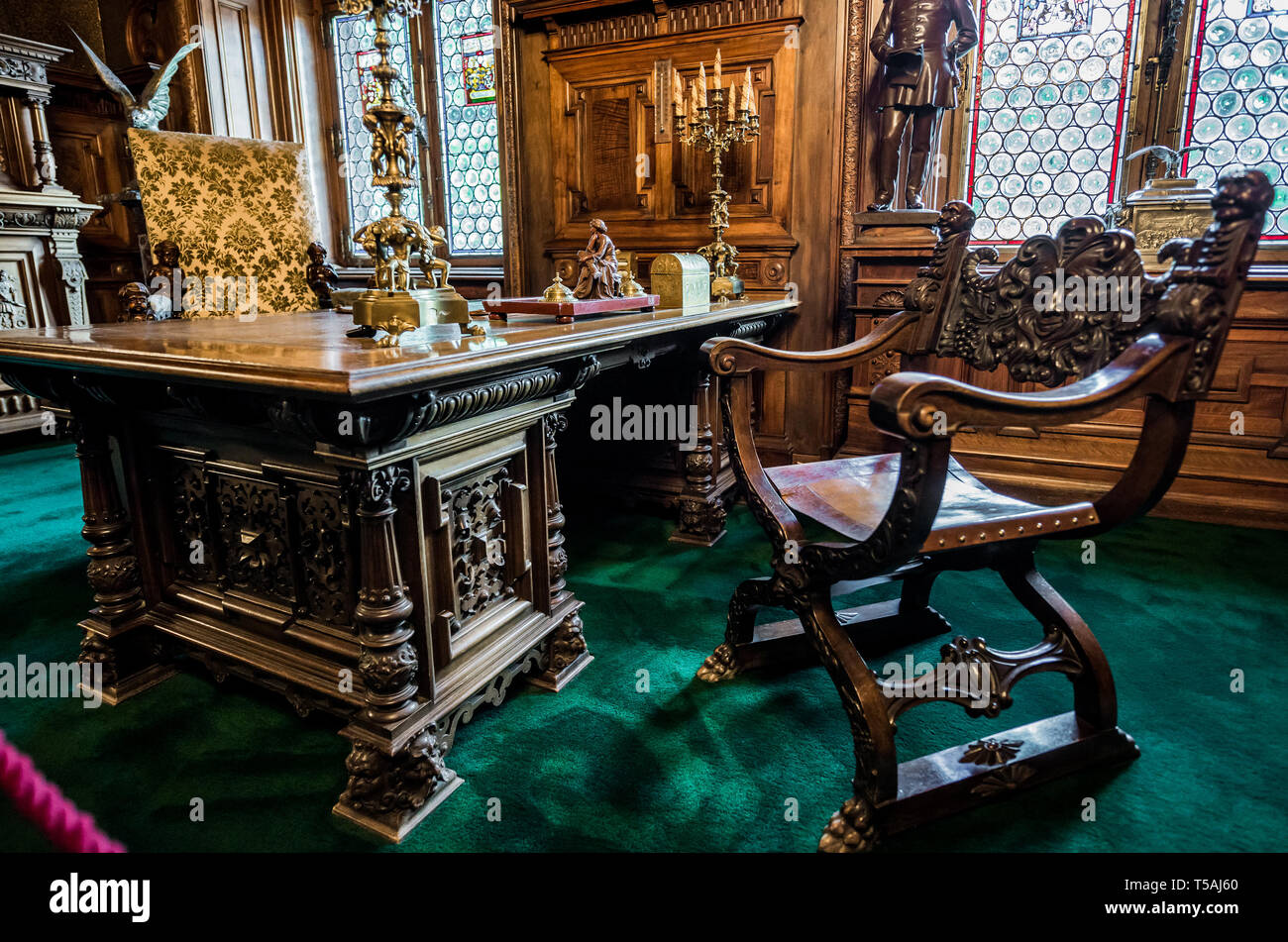 Impressive wooden desk in Working Cabinet in Peles Palace, former royal ...