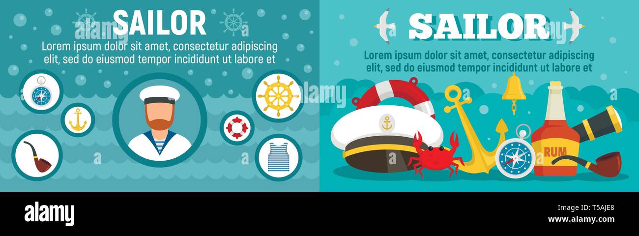 Marine sailor banner set. Flat illustration of marine sailor vector ...