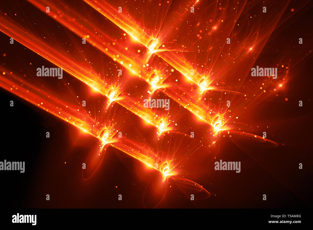 Fiery glowing fired quantum weapon or laser beams, computer generated abstract background Stock ...