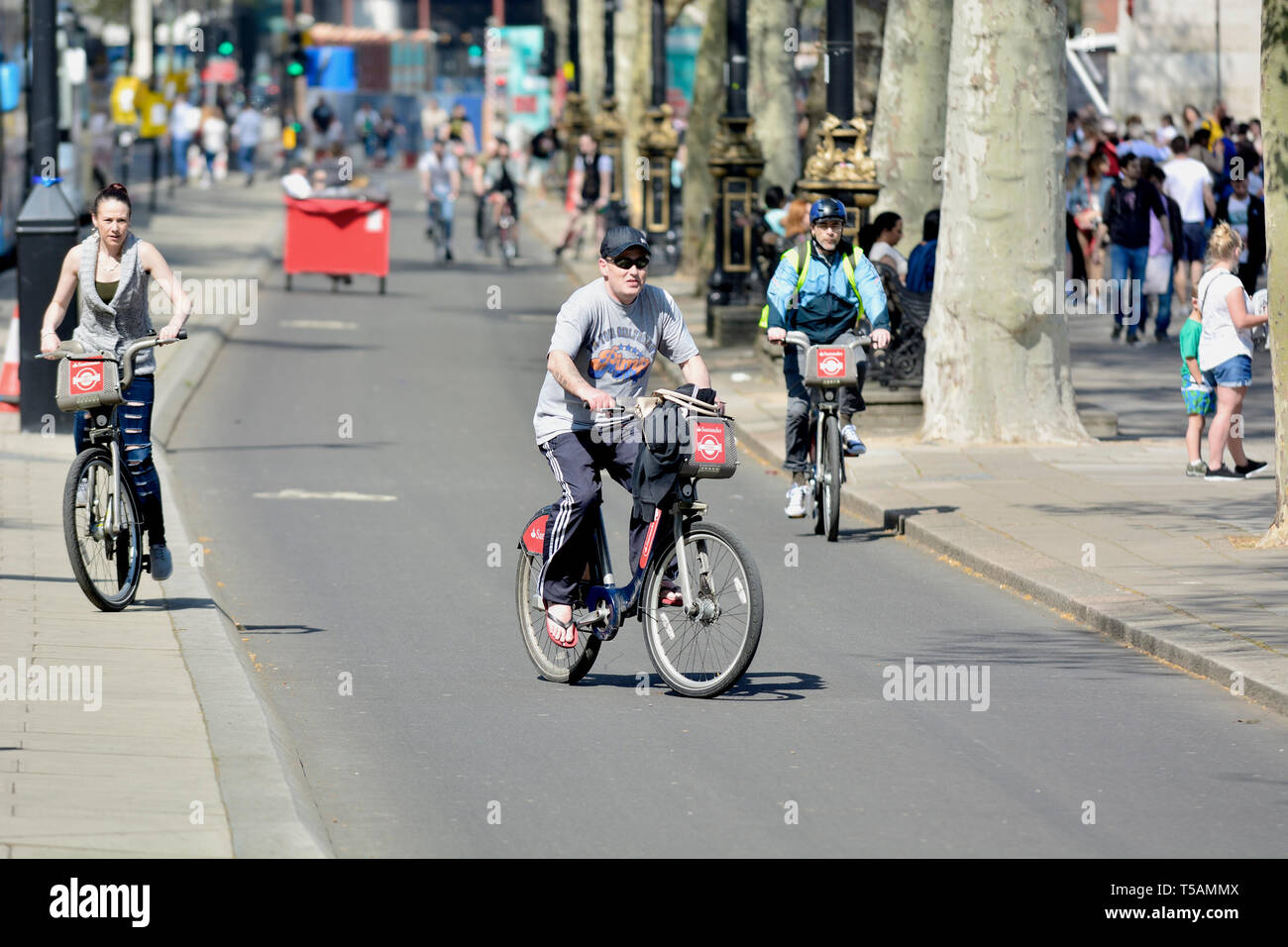 London, England, UK. Cyclists riding on the cycle path along the ...