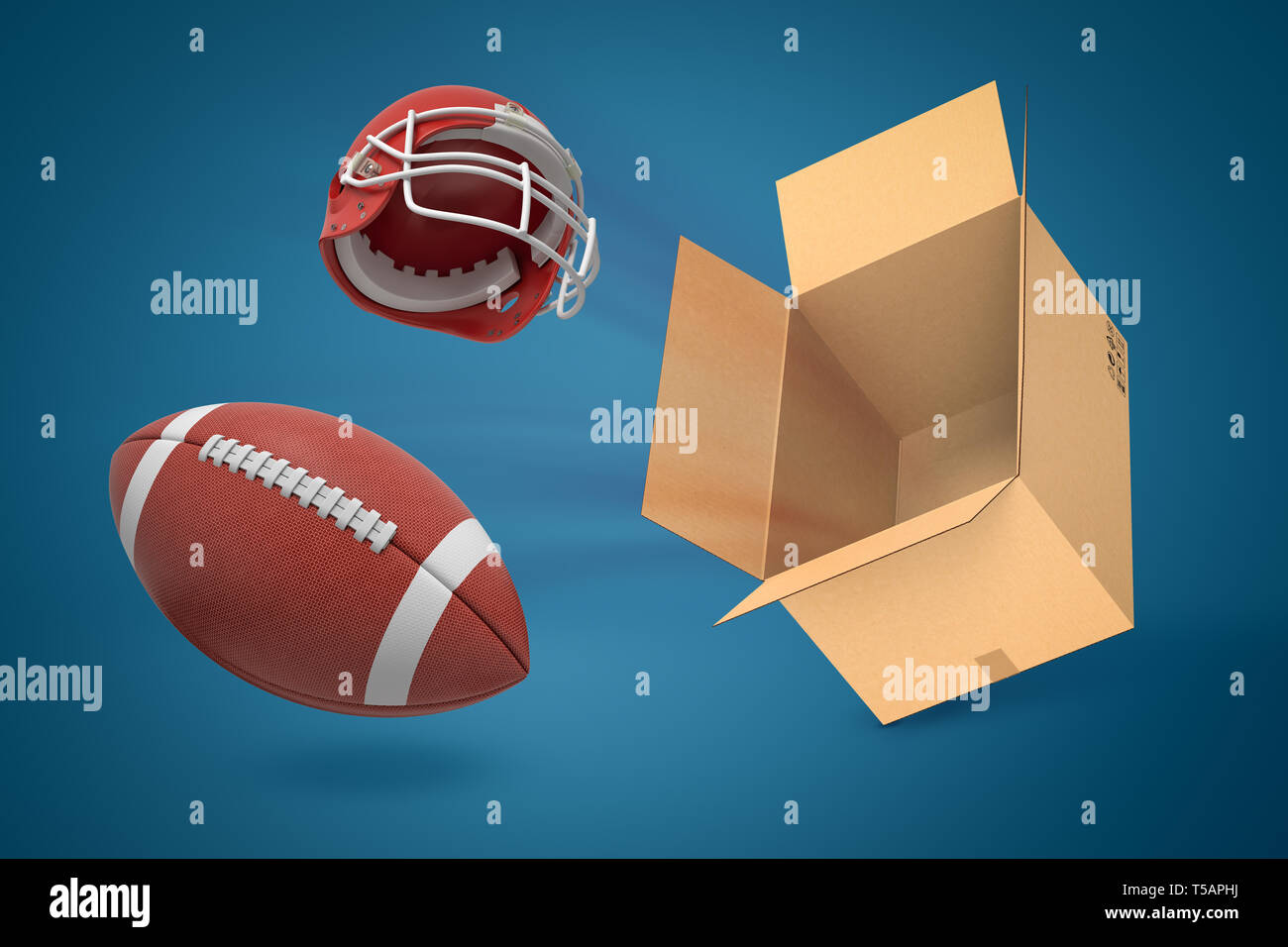3d rendering of american football ball and helmet flying out of ...