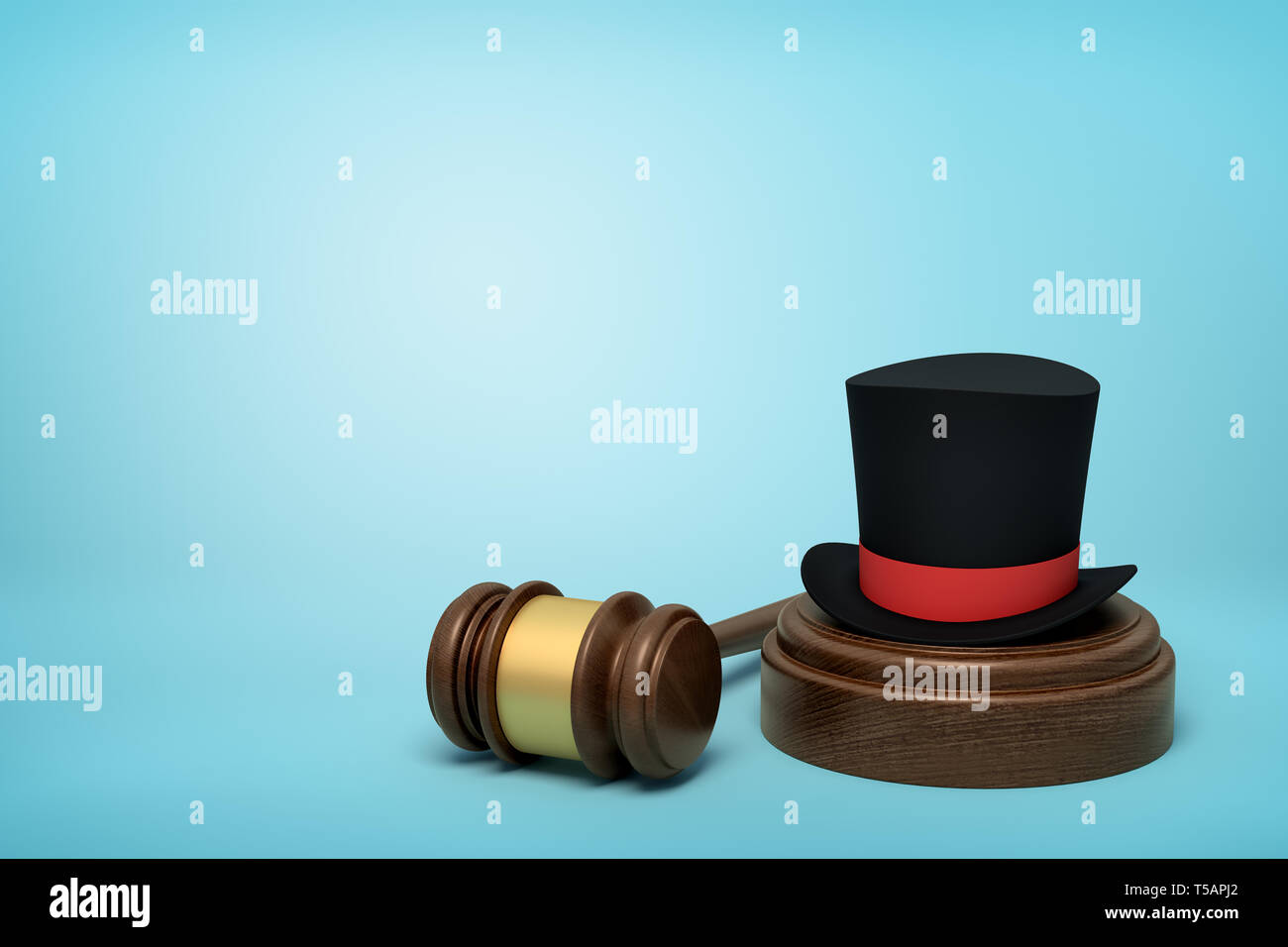 3d rendering of black top hat with red ribbon on sounding block with ...
