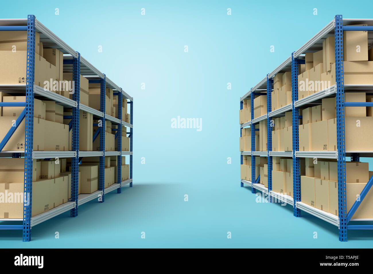 3d rendering of two silver blue metal racks with cardboard boxes on ...