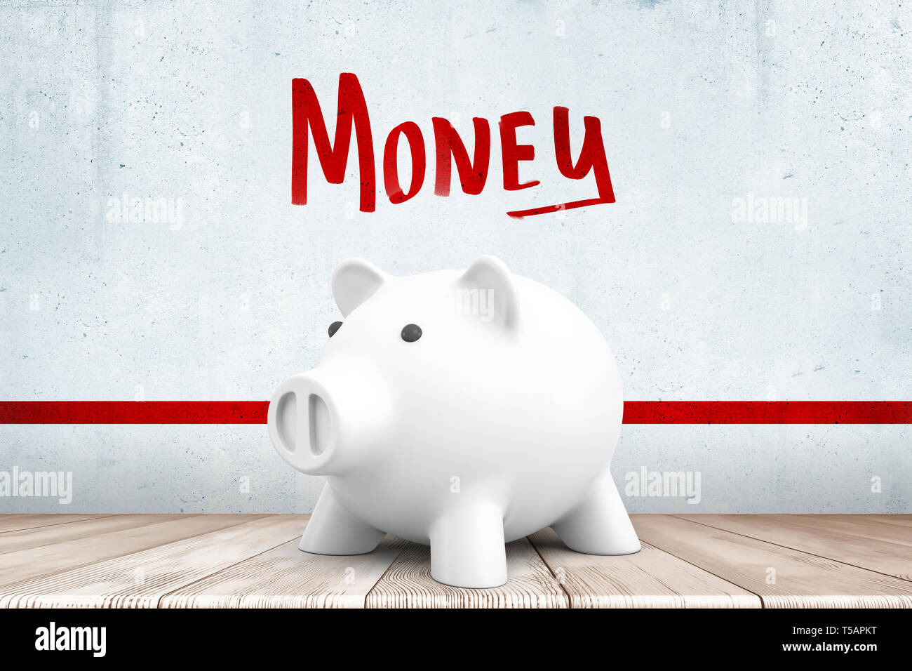 3d rendering of white piggy bank on white wooden floor with red MONEY ...