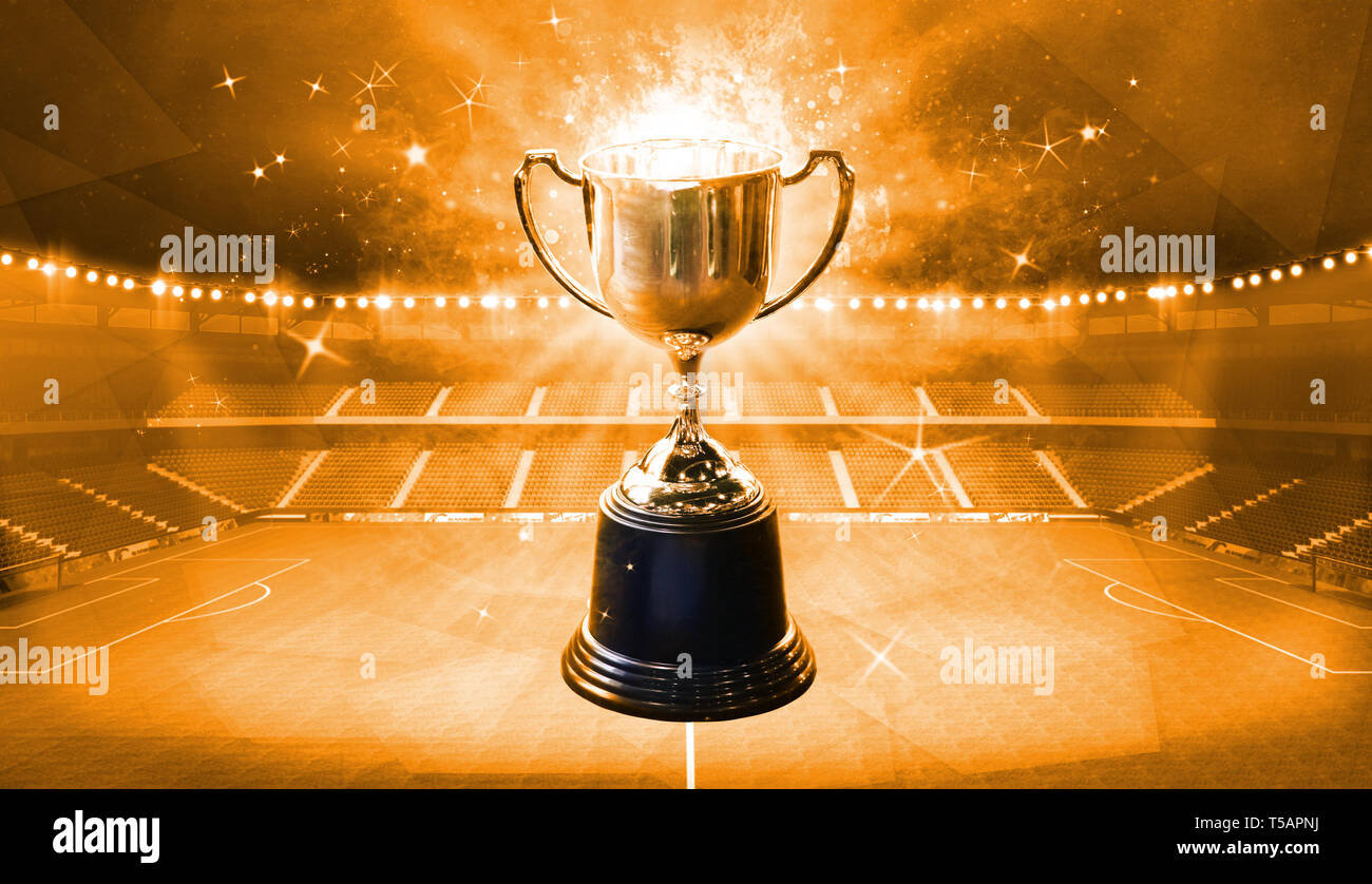 Trophy with shiny spark and yellow background stadium theme Stock Photo ...