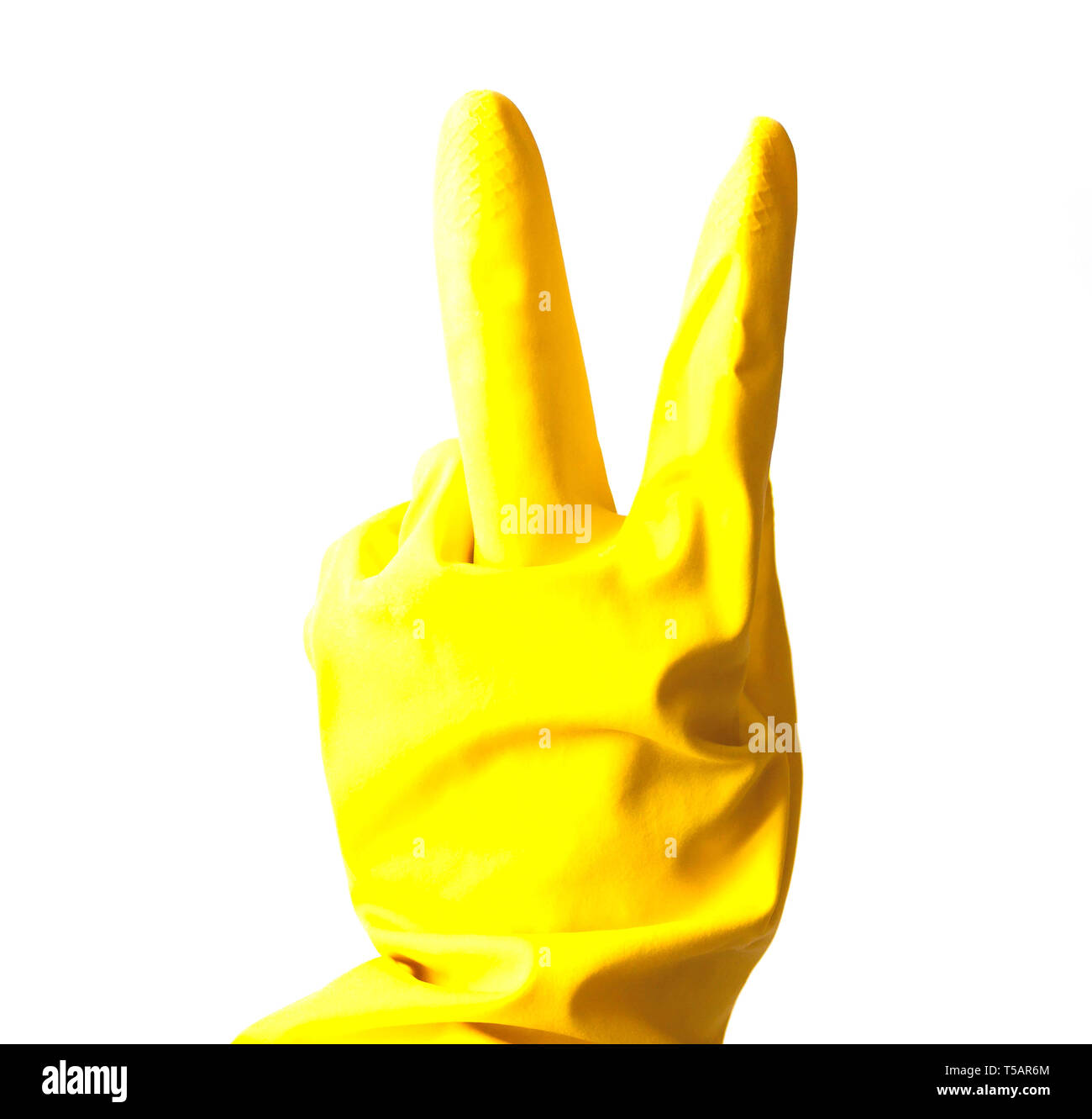 Woman hand gesturing viktory in yellow vinyl or rubber glove for ...