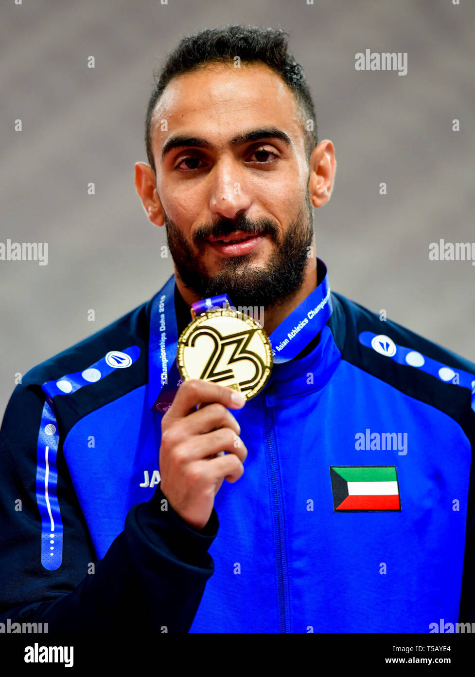 Doha, Qatar. 22nd Apr, 2019. Gold medalist Yousef Karam of Kuwait poses ...