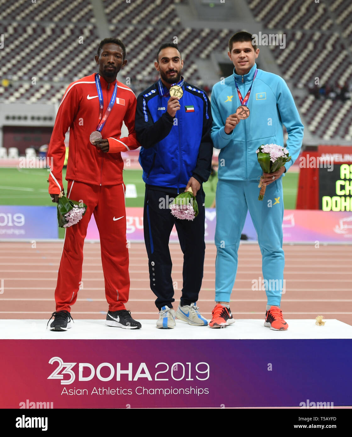 Doha, Qatar. 22nd Apr, 2019. Gold medalist Yousef Karam (C) of Kuwait ...