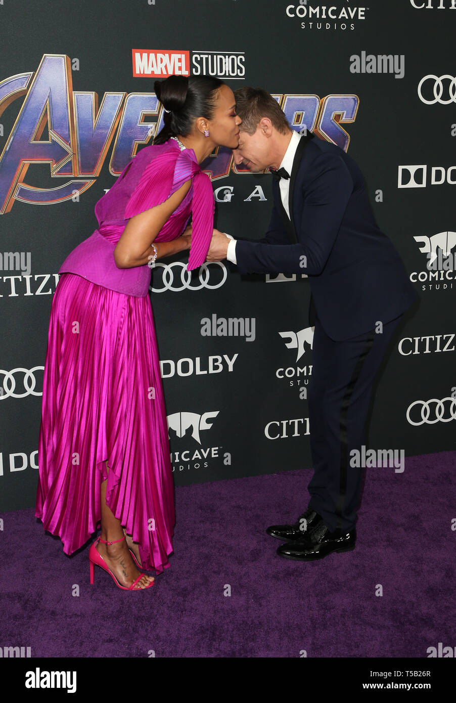 Los Angeles, Ca, USA. 22nd Apr, 2019. Zoe Saldana, Jeremy Renner, at ...
