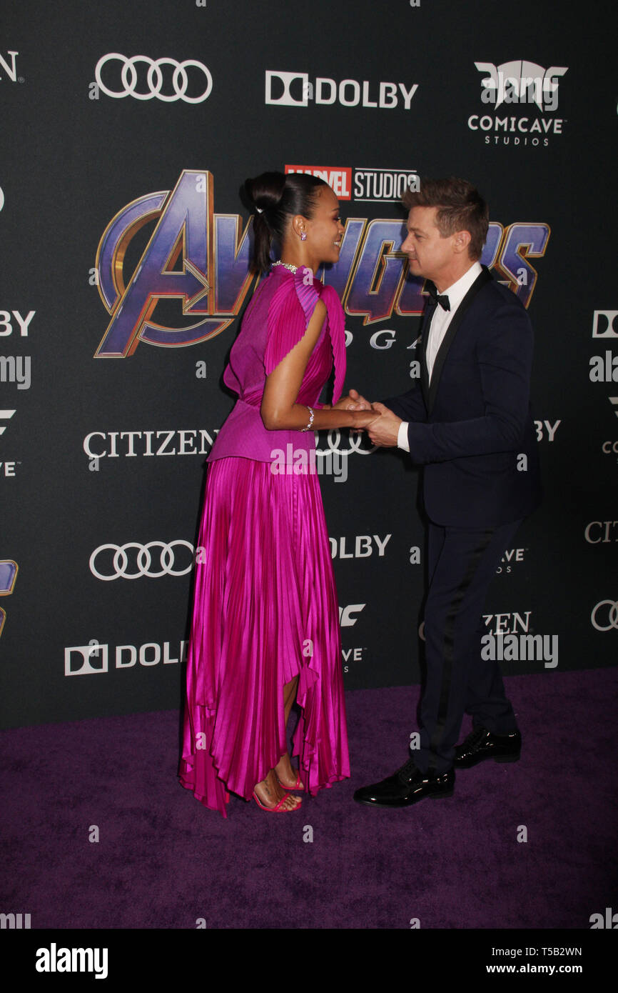 Los Angeles, USA. 22nd Apr 2019. Zoe Saldana, Jeremy Renner 04/22/2019 ...