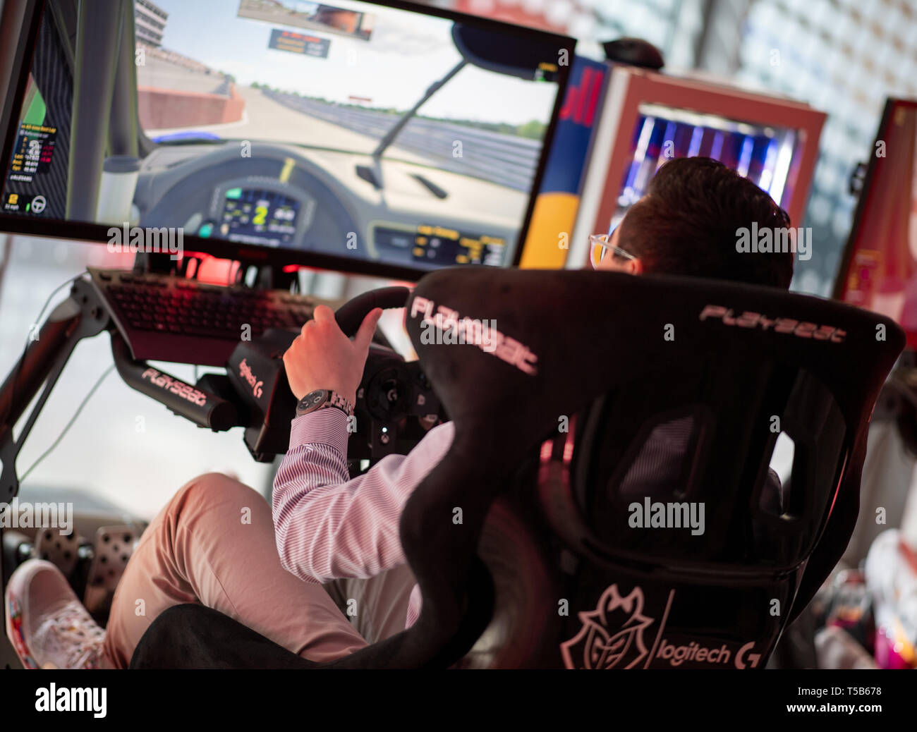 Berlin, Germany. 23rd Apr, 2019. A man sits in a player's seat at the ...