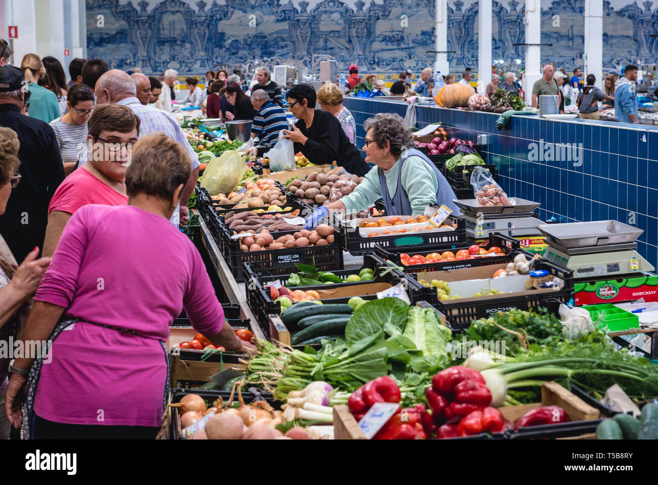 Vegetables alley on Mercado do Livramento indoor market in Setubal near ...