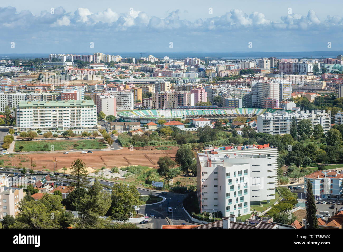Aerial view of Setubal city in Portugal with Estadio do Bonfim Stock ...