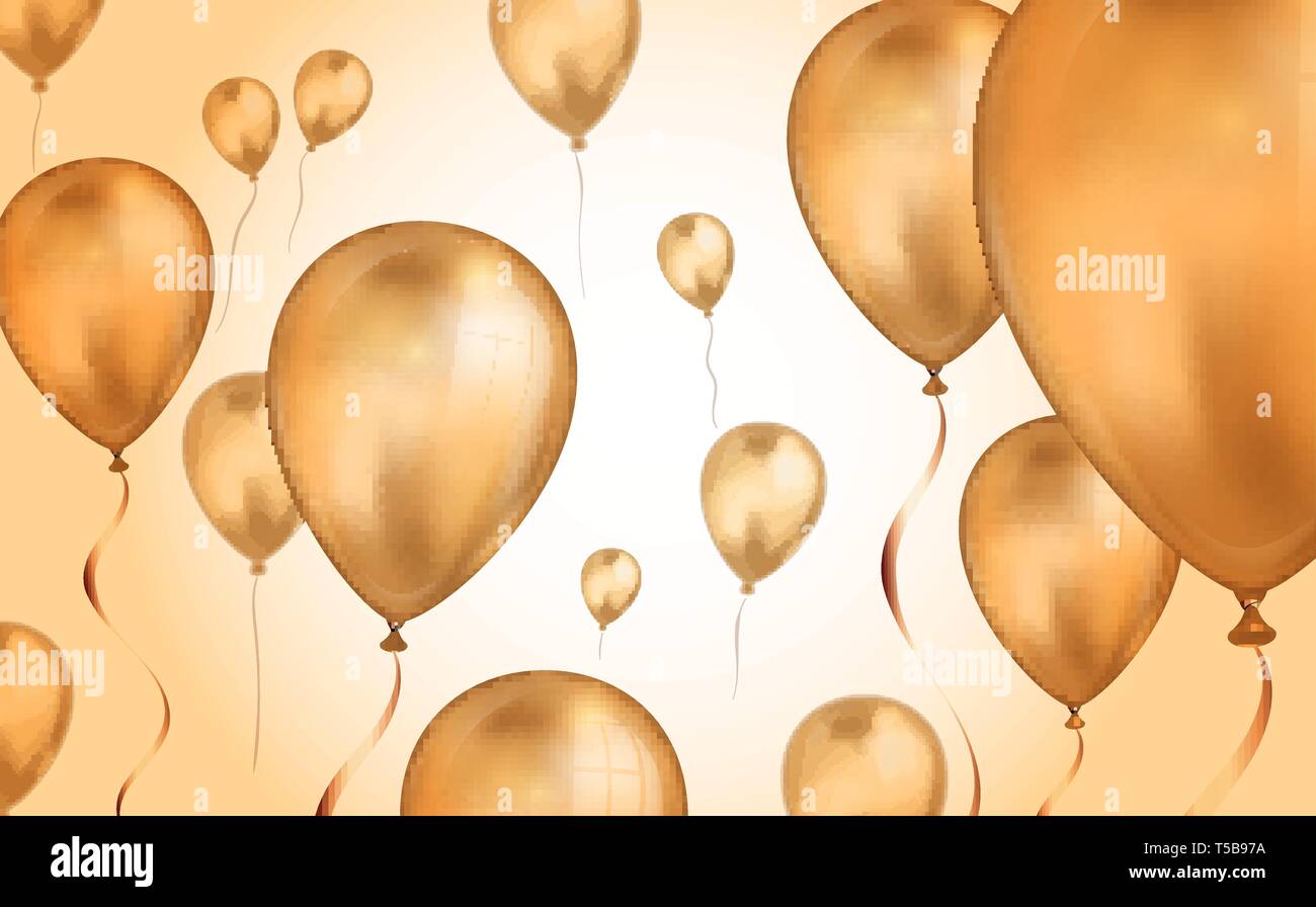 Glossy gold Flying helium Balloons backdrop with blur effect. Wedding ...