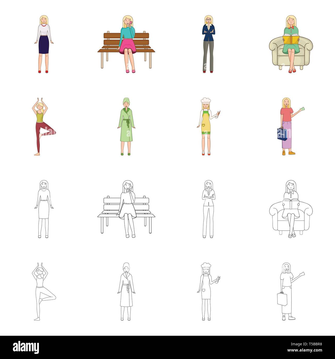 Isolated object of posture and mood sign. Set of posture and female ...