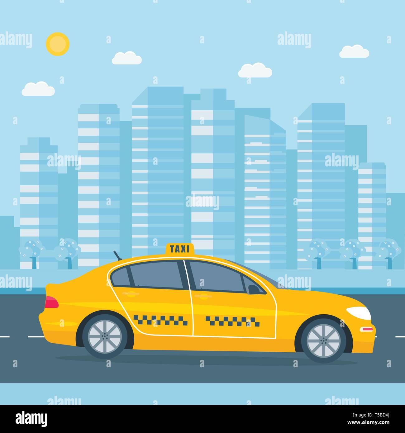Poster with the machine yellow cab in the city. Public taxi service ...
