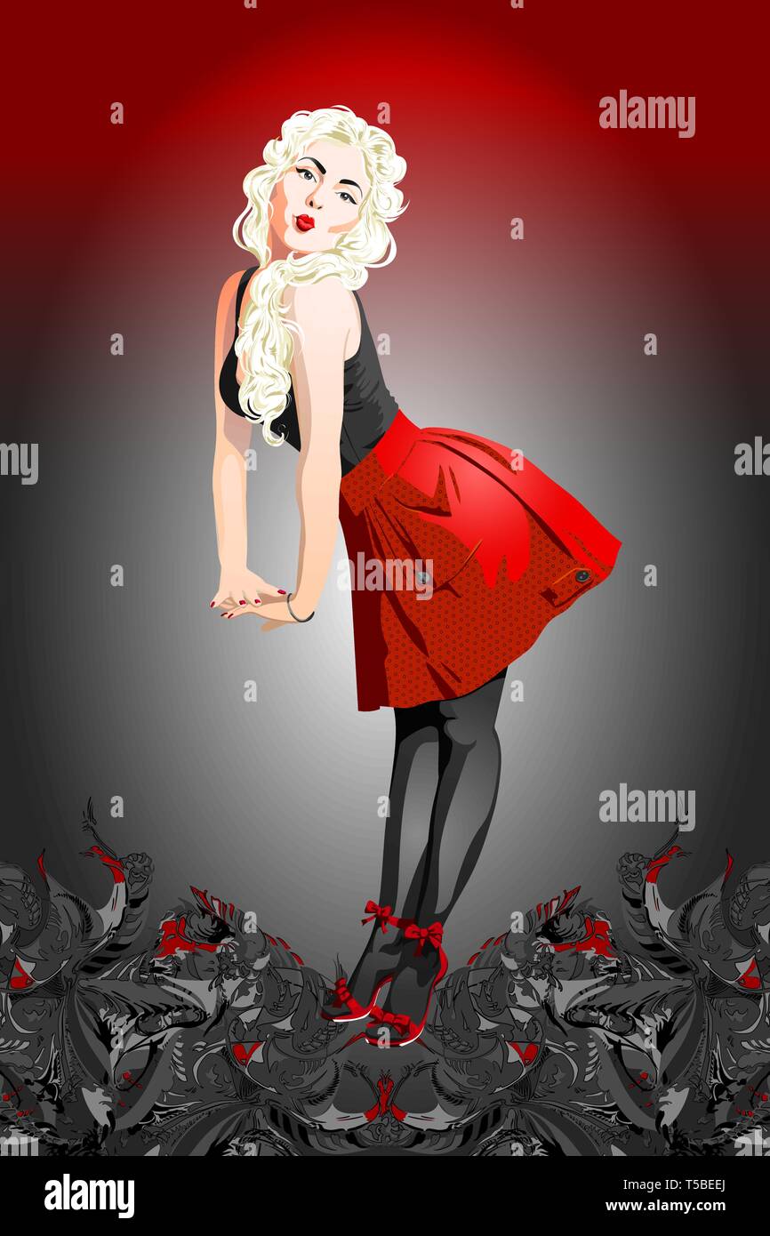 Sexy pin-up girl with blond hair. The model stands in a flirty pose and ...