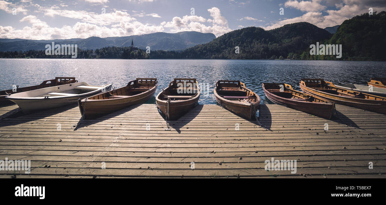 Traditional Pletna boat on the lake. .Bled lake Slovenia,Europe Stock ...