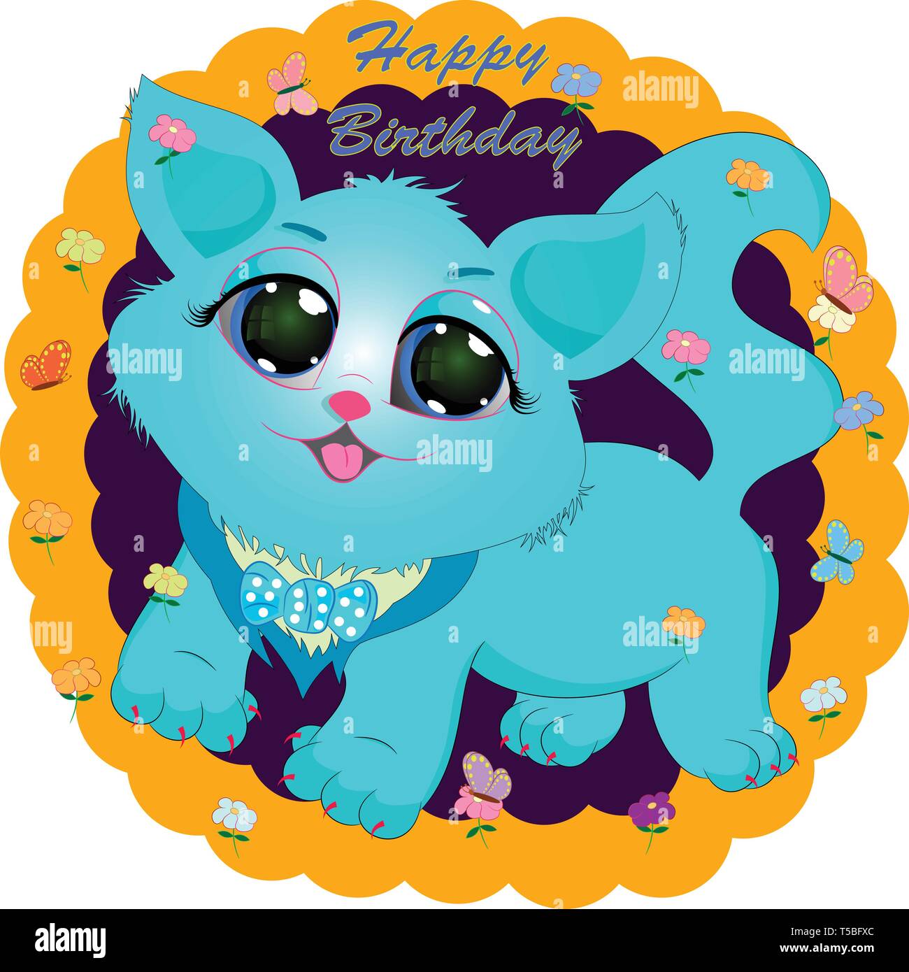 birthday greeting card with blue cat. cartoon vector illustration Stock ...