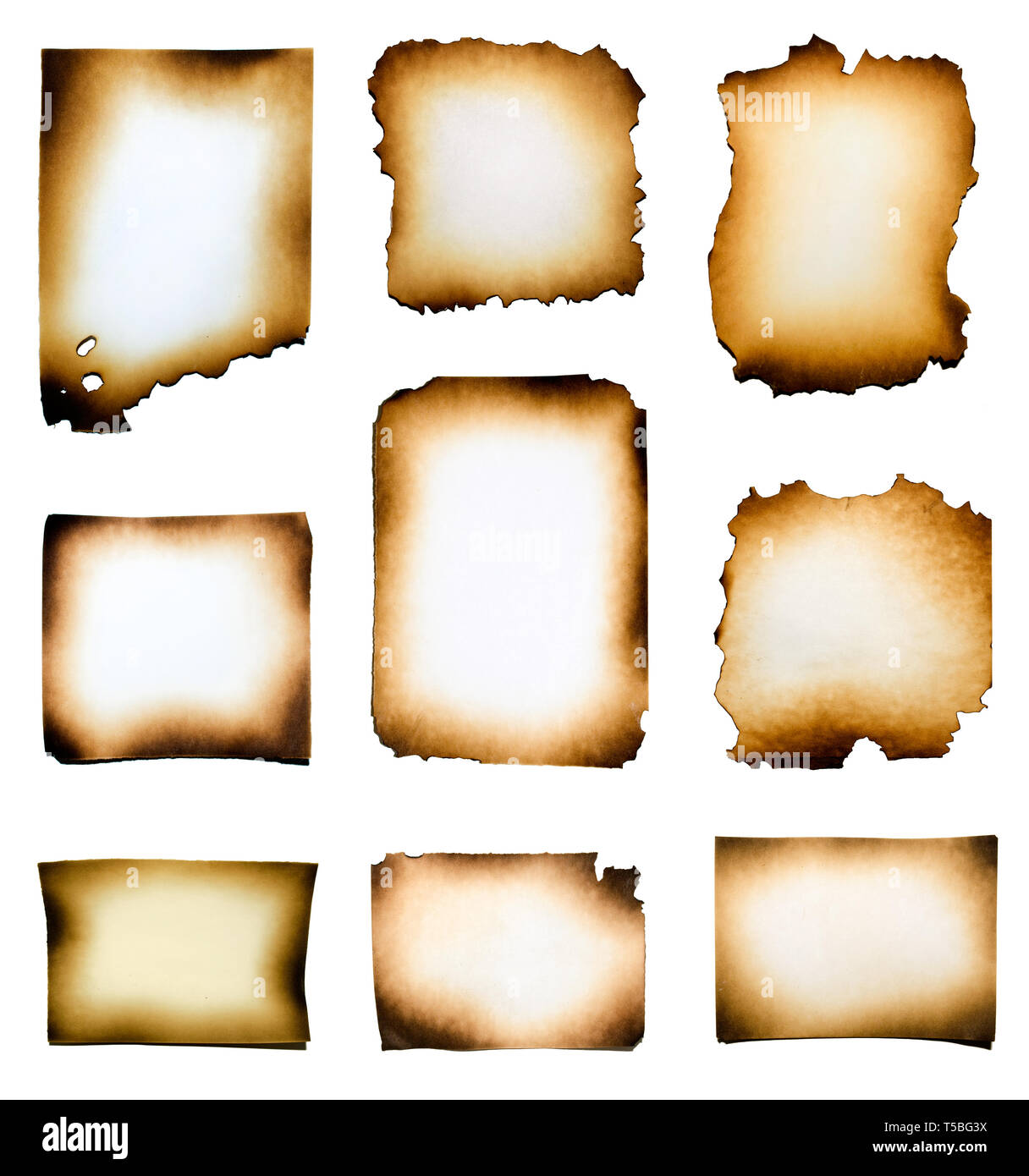 Collection of burnt papers isolated on white background Stock Photo - Alamy