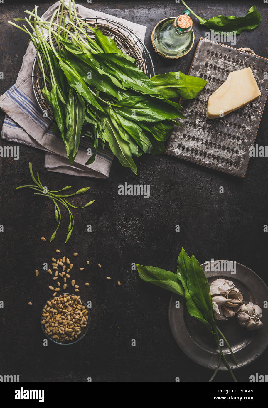 Food background with ramson, wild garlic, leaves bunch on dark rustic ...