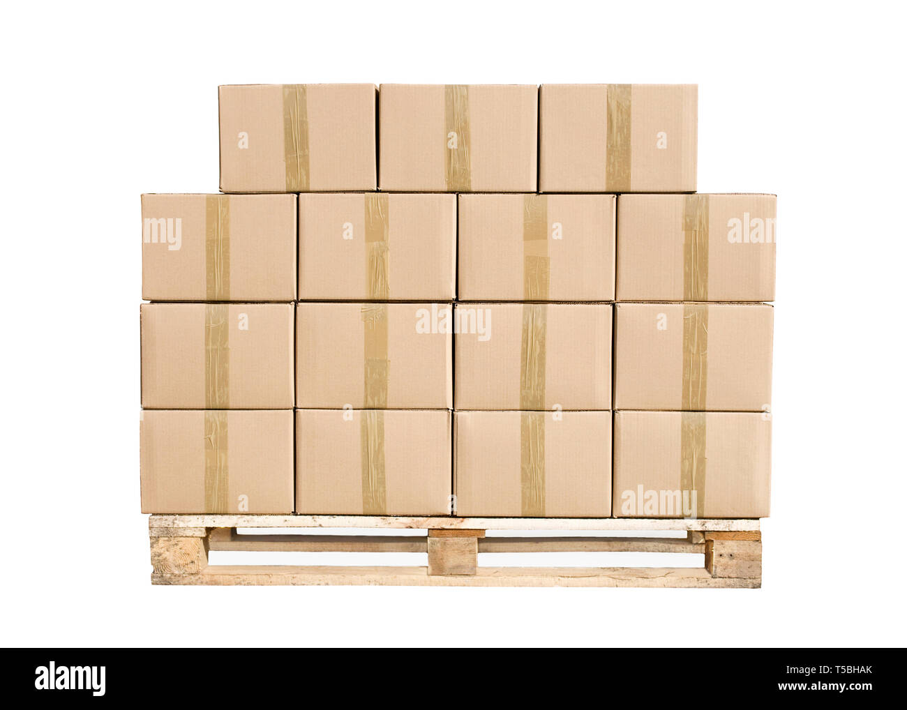 Cardboard boxes on wooden palette isolated on white + clipping path ...