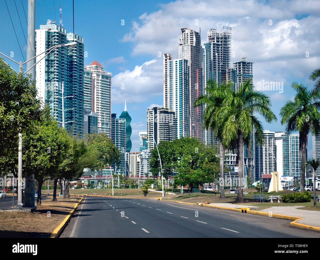 Modern city with high skyscrapers and the empty road - Panama City ...