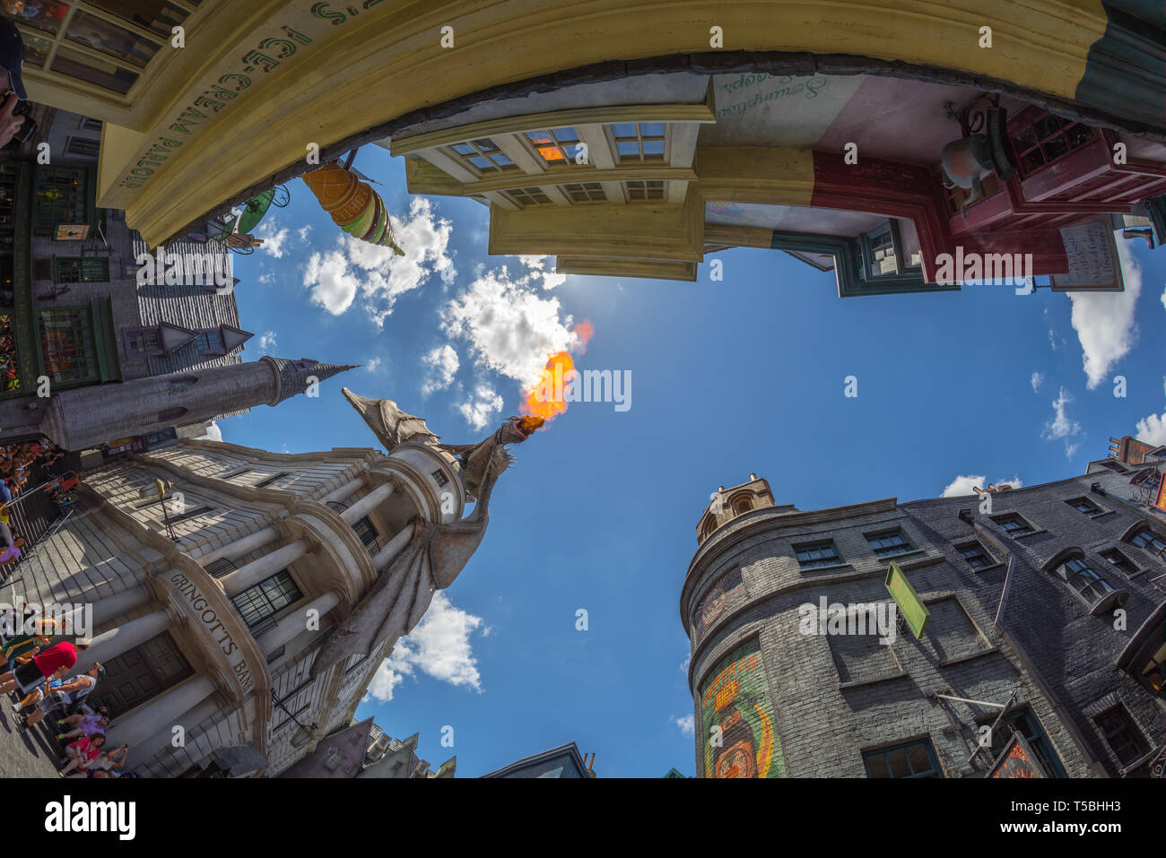 Looking up at the fire breathing Dragon and buildings, Diagon Alley in ...