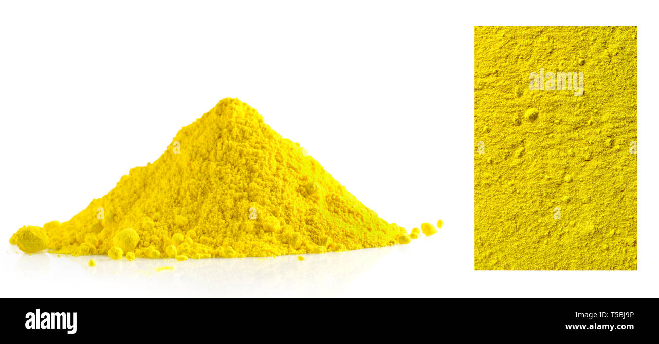 Collection of yellow powder isolated on white background Stock Photo ...