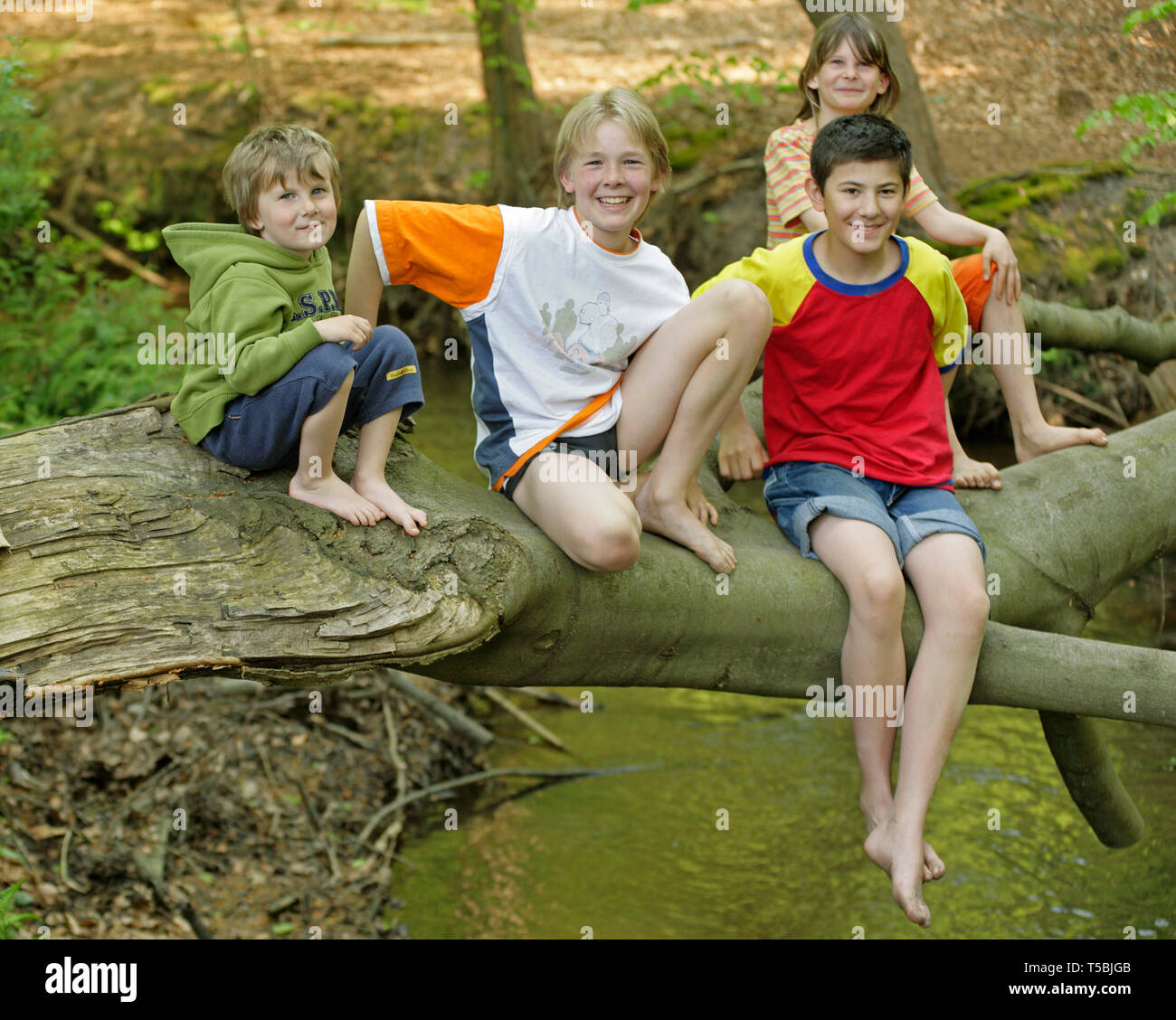 children sitting on a tree that has fallen across a stream Stock Photo ...