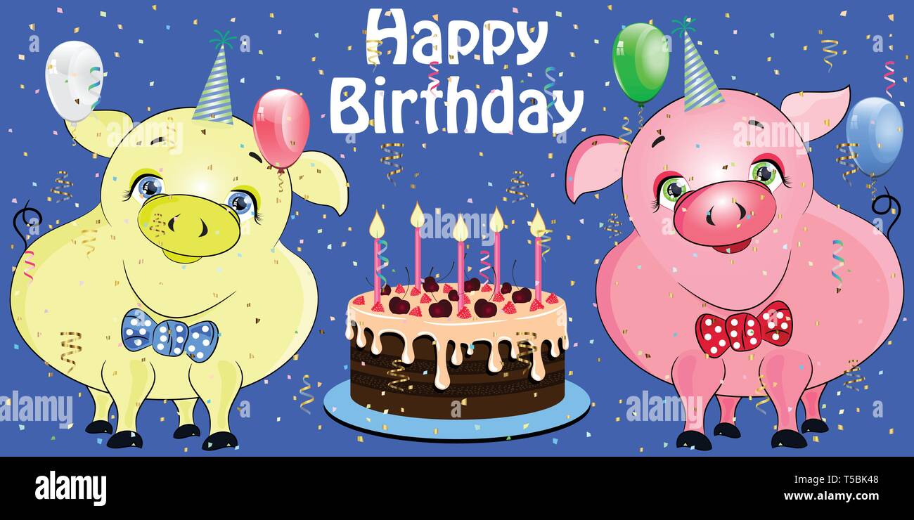 birthday greeting card with pigs. cartoon vector illustration Stock ...