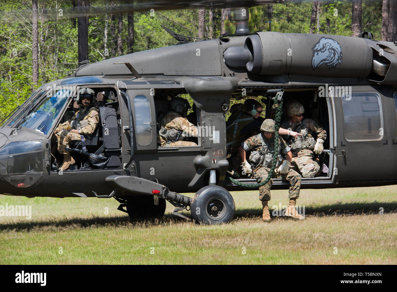 U.S. Army Rangers fast rope from a helicopter in preparation for the ...