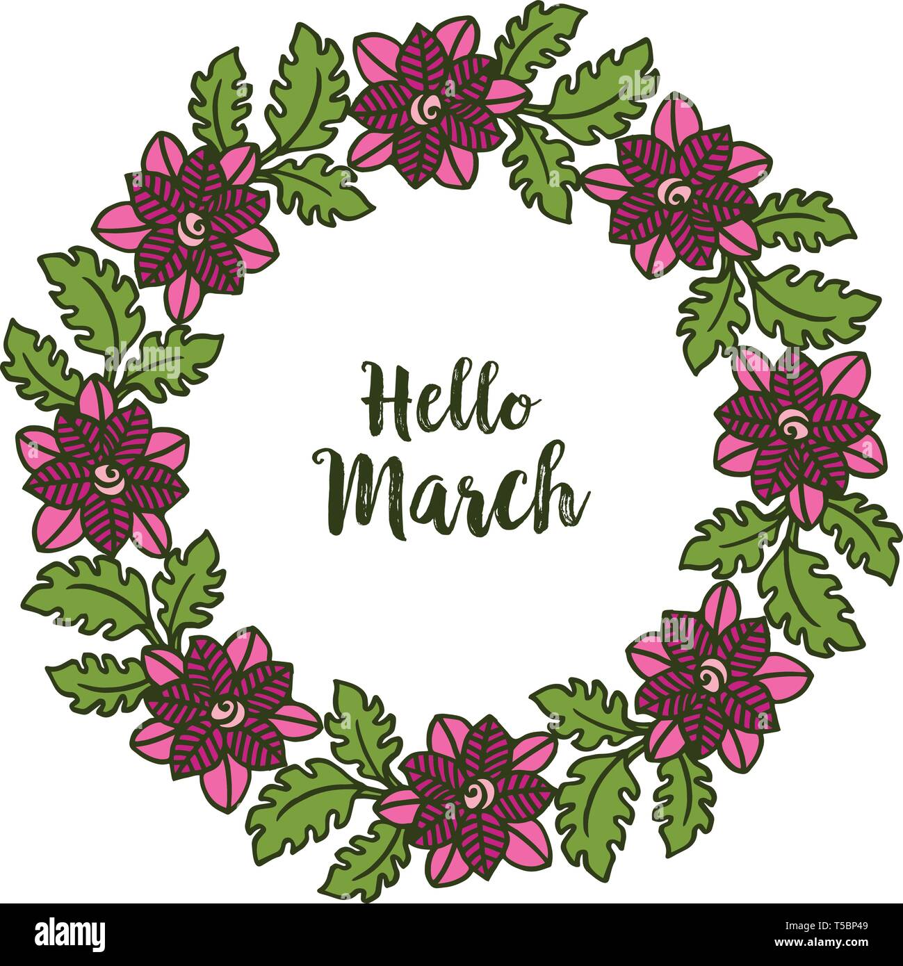 Vector illustration ornate hello march with beautiful flower frame hand ...