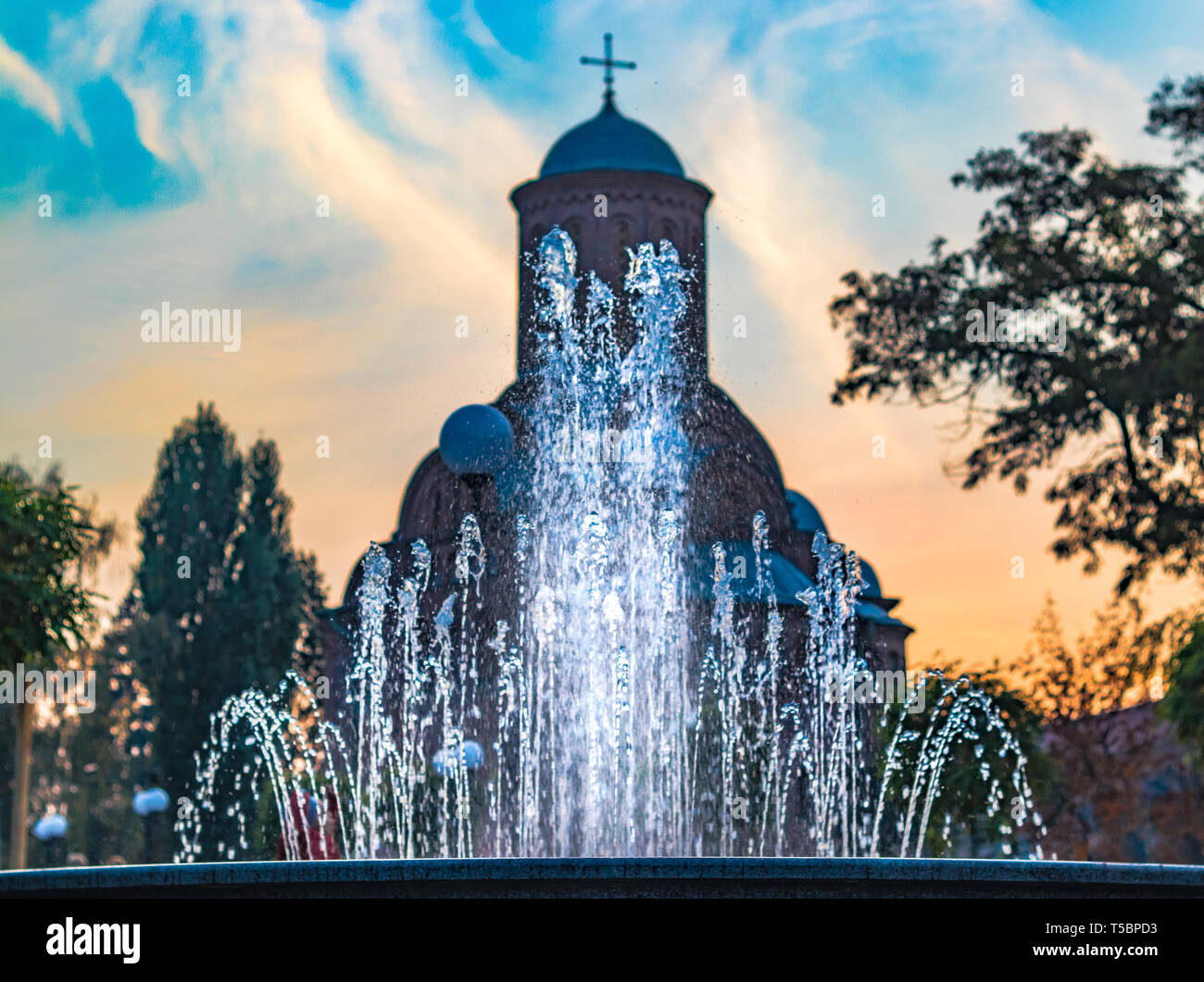 Water fountain fits in the contour of church. Chernihiv, Ukraine Stock ...