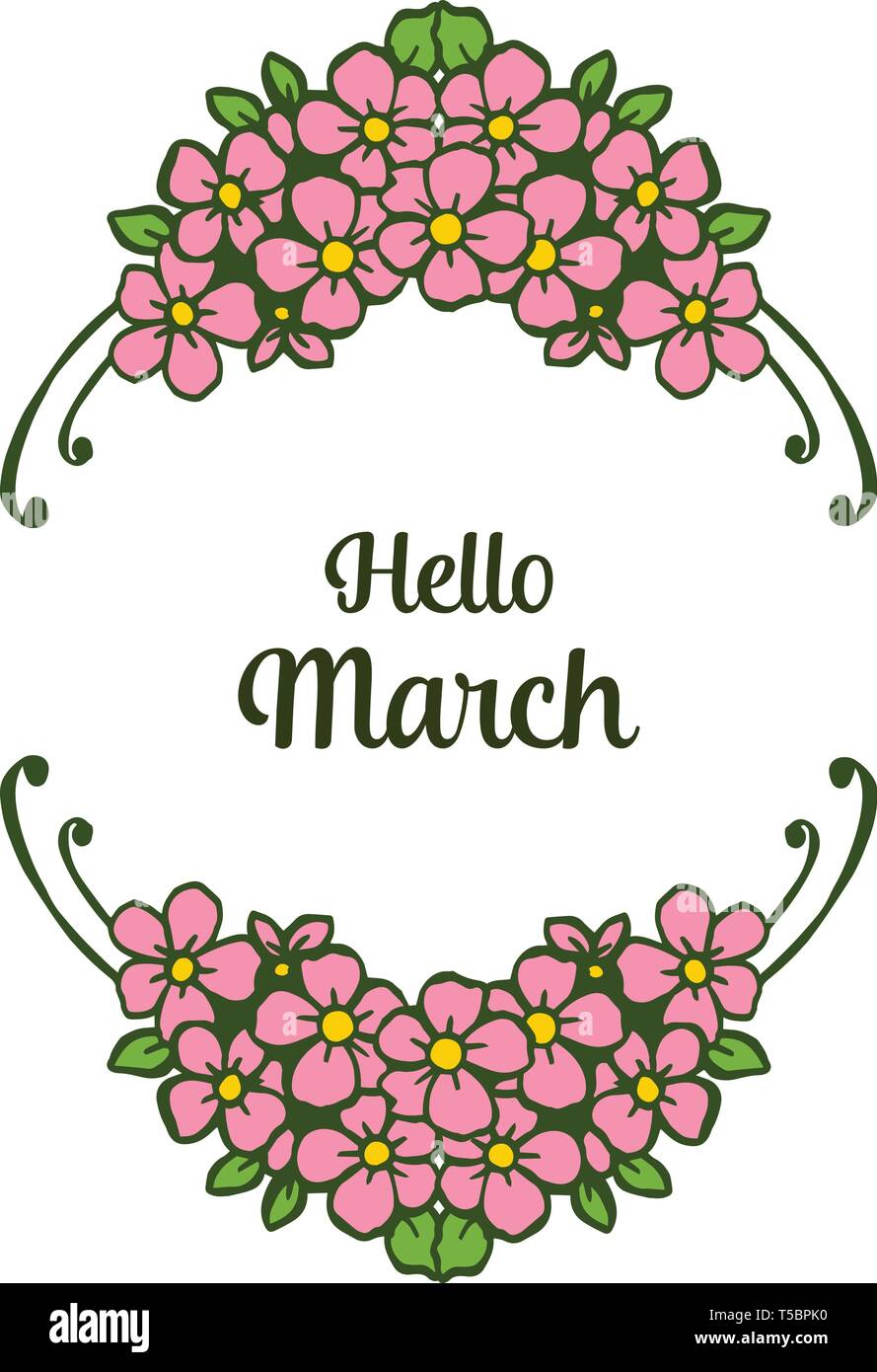 Vector illustration blossom flower frame with banner hello march hand ...