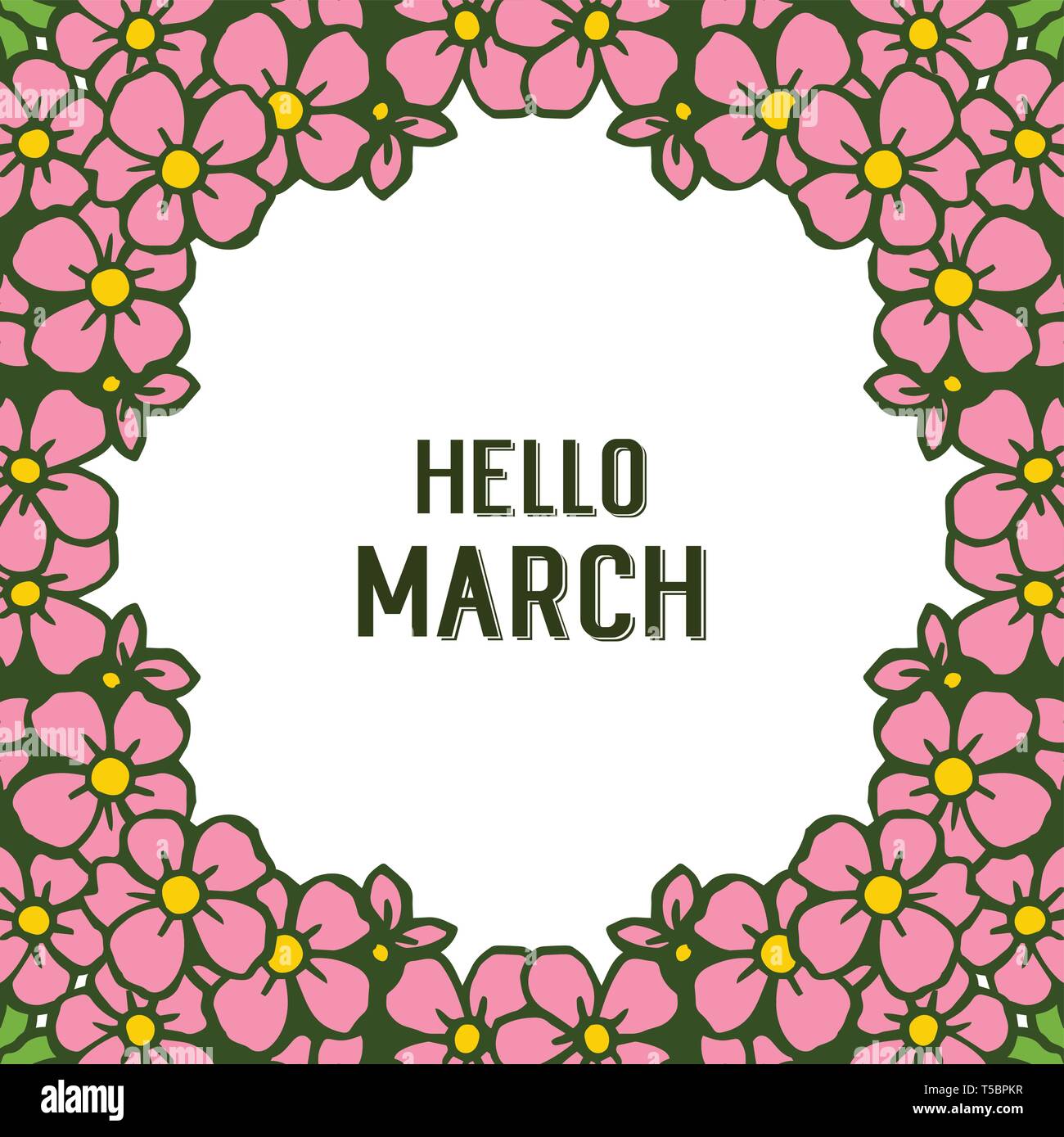 Vector illustration blossom flower frame with banner hello march hand ...