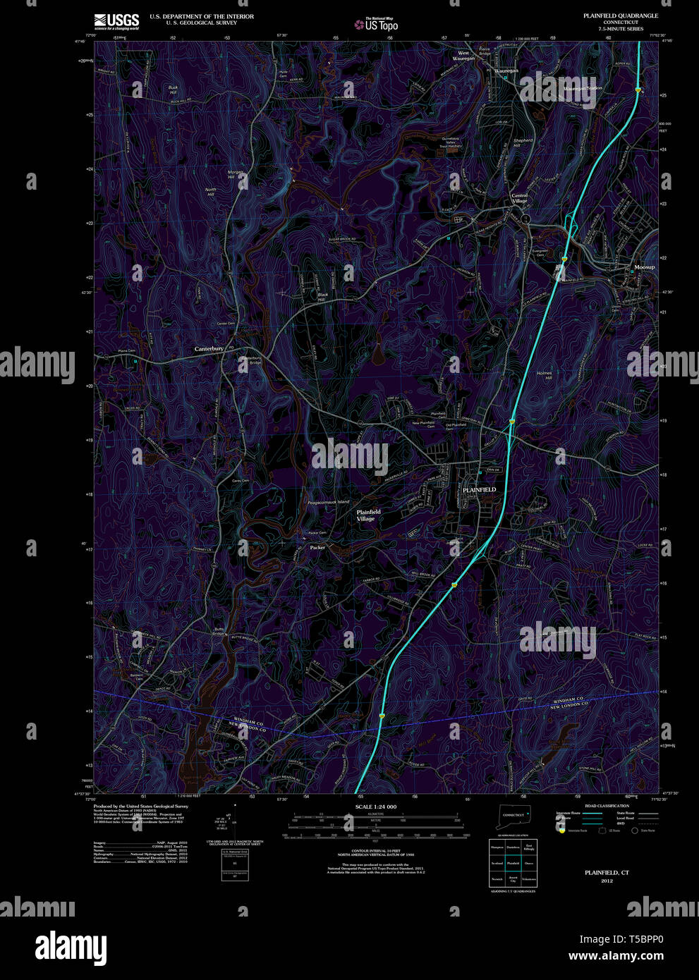 USGS TOPO Map Connecticut CT Plainfield 20120517 TM Inverted ...