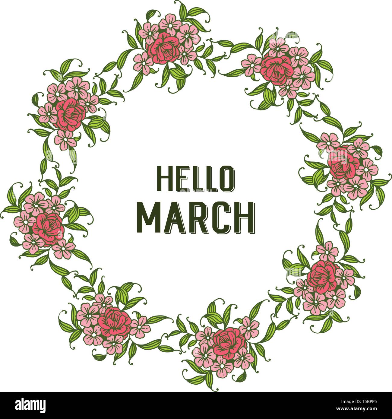 Vector illustration bright flowers frame with greeting card hello march ...