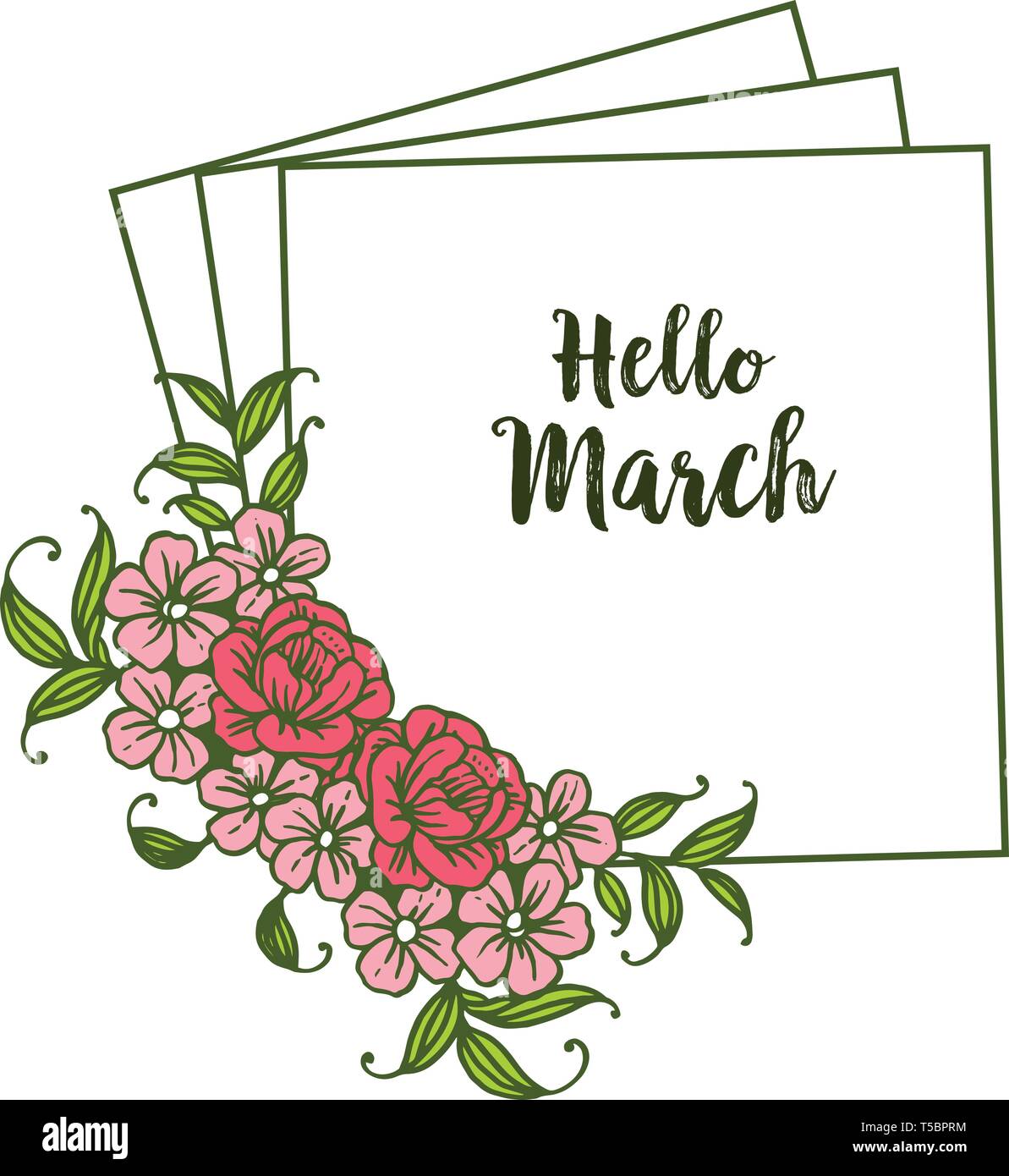 Vector illustration lettering hello march with leaf flower frame hand ...