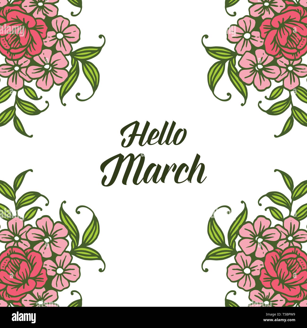 Vector illustration beauty pink flower frame for decoration hello march ...