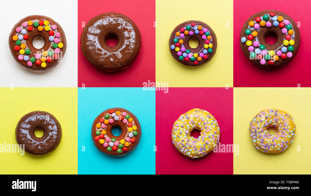 Doughnuts assortment collage. Chocolate and vanilla donuts with ...