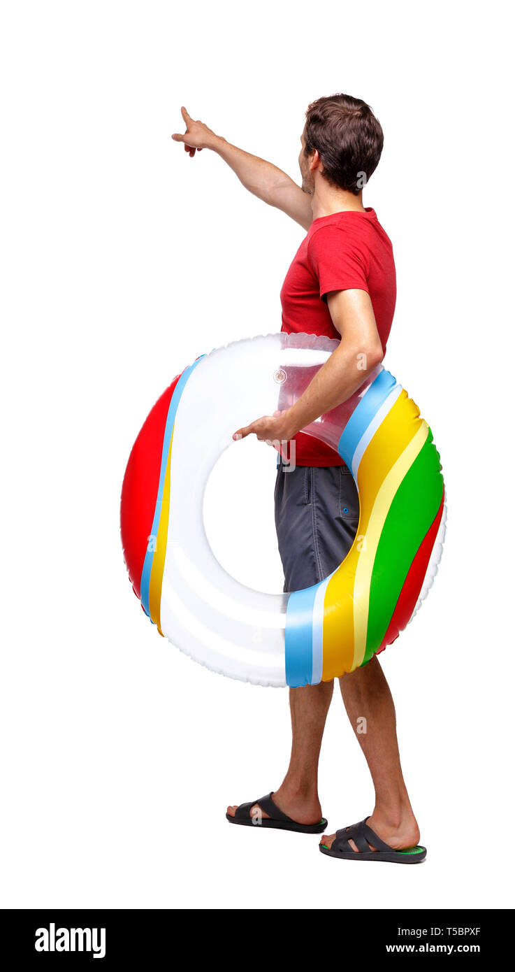 Side view of pointing man that goes to side. backside view of person ...